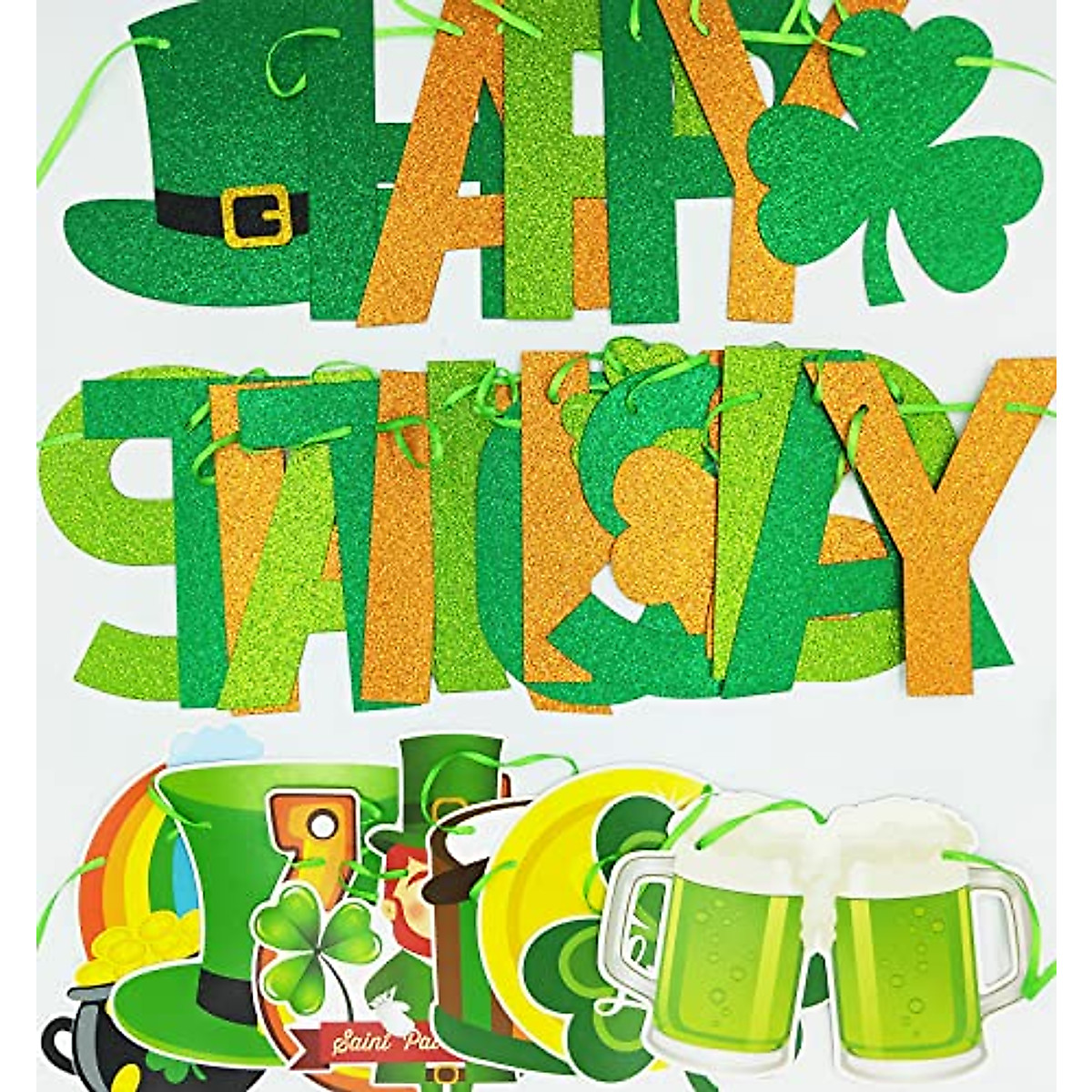 JKQ Glittery Happy St Patrick's Day Banner and Shamrock Rainbow Gold Coins Pot Horseshoe Leprechauns Patterns Banner Saint Patrick's Day Garland Banner Irish Lucky Day St. Patty's Day Party Decorations