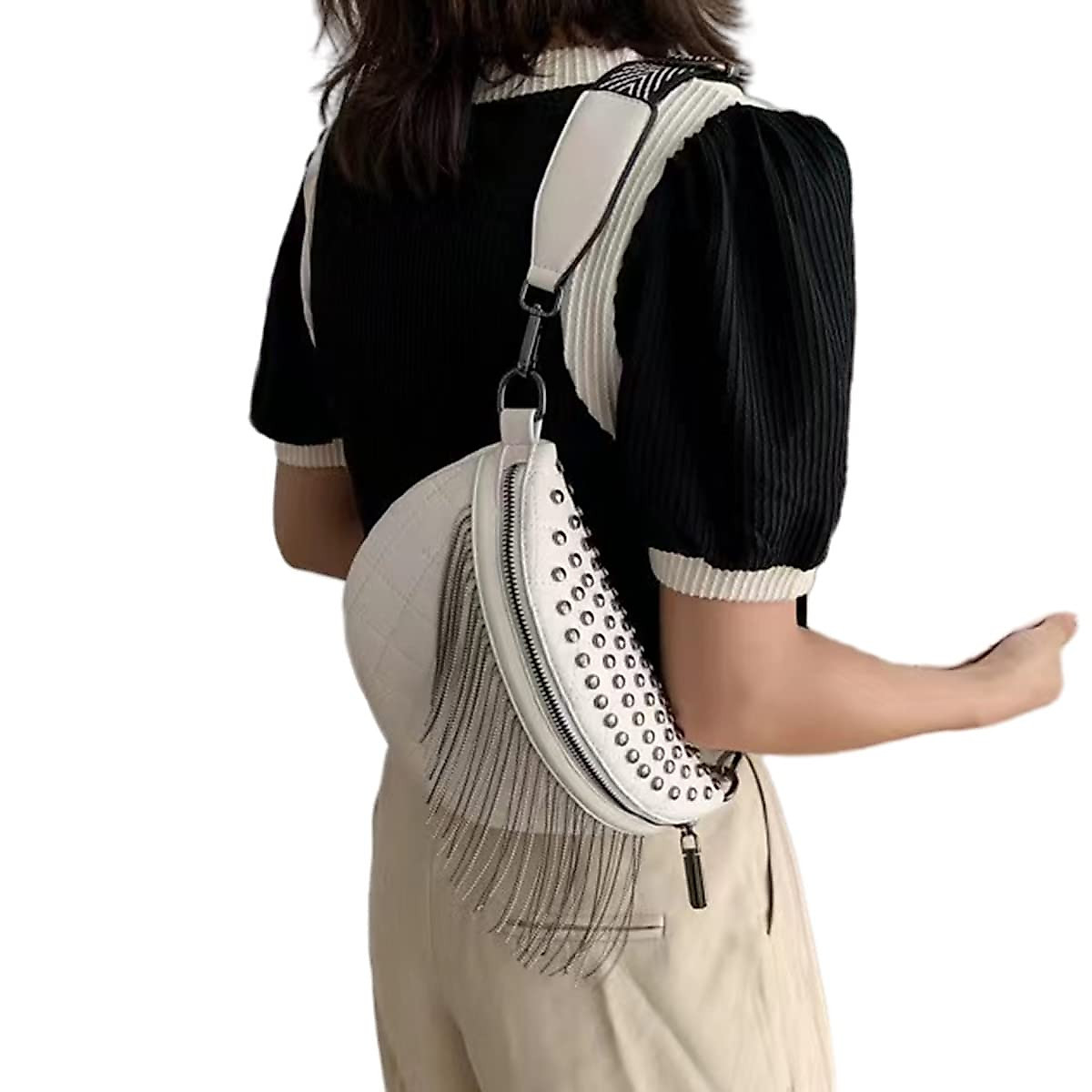 IAMUHI Women Vegan Leather Cross Chest Bag Rivets Fringed Shoulder Handbag Purse Waist Bag,White