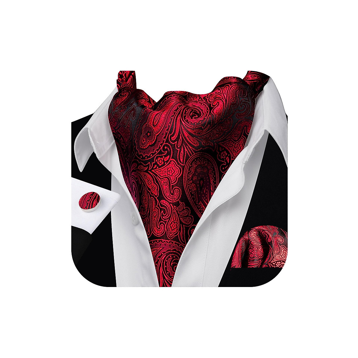 Barry.Wang Men Ascot Tie Set Cravat Paisley Red Silk Scarf Self Necktie Handkerchief Cufflinks Formal Wedding Party Prom