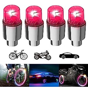 YUERWOVER 4 Pack LED Bike Wheel Lights Car Tire Valve Stems Caps Bicycle Motorcycle Waterproof Tyre Spoke Flash Light Cool Reflector Accessories for Men Women Kids (Red)