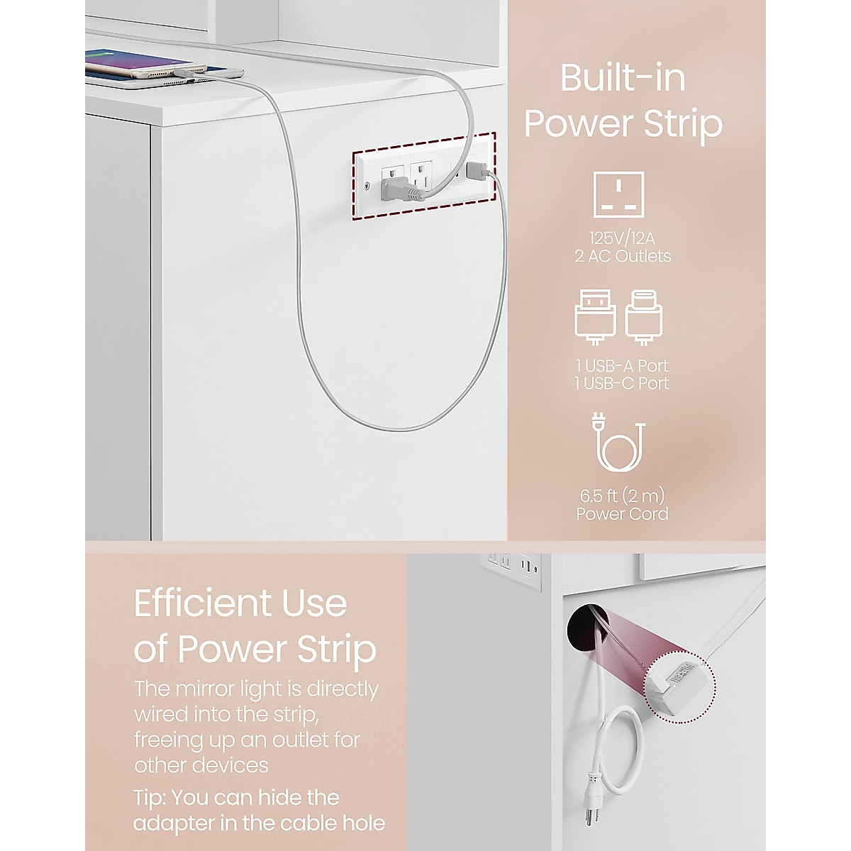 VASAGLE Vanity Desk with Mirror and Lights, 43.3-Inch Wide Makeup Vanity with Upholstered Vanity Stool, Power Outlets, Dimmable LED Lights, Storage Drawer, for Bedroom, Cloud White URDT628W01