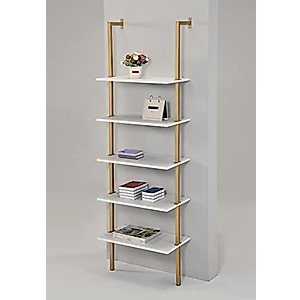 RAAMZO Modern 5-Tier Ladder Shelf, Open Wall-Mounted Bookshelf with Metal Frame, Storage Rack Shelves, Bookcase for Home Office - White / Gold - 72" Height