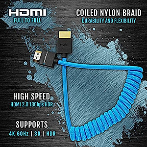 KONDOR BLUE 4K HDMI to HDMI Thin Short Coiled Braided Cable for On-Camera Monitors, Capture Cards + More | 4K/60hz | 18Gbps 3D HDR MetaData | 12" ~ 24" Inch | Blue