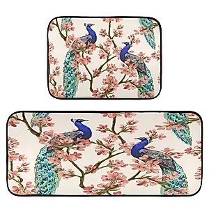 Peacock Flower Tree Kitchen Mat Set 2PCS, Super Absorbent Kitchen Rugs and Mats Non Slip Easy Clean Carpets Rugs for Kitchen Floor Sink Laundry Runner Area Rug Carpet