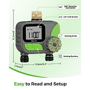 WILAWELS Brass Sprinkler Timer 2 Zone, Programmable Garden Water Timer, Automatic Irrigation Timer with Rain Delay/Manual/Auto Mode, Waterproof and Leak-Proof, for Yard, Garden, Lawn, 2 Outlet B12WT06