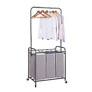 STORAGE MANIAC 136L Laundry Sorter with Hanging Bar, Portable, Removable Laundry Hamper Cart with Heavy Duty Rolling Lockable Wheels and Removable Bags, Rolling Laundry Basket Organizer, 3 Section