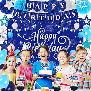Blue Birthday Decorations, Happy Birthday Party Decorations for Men Women Boys Girls, Happy Birthday Backdrop, Banner, Balloons, Honeycomb Ball, Hanging Swirl, Star Card, Cake Topper, Pompoms 52pcs