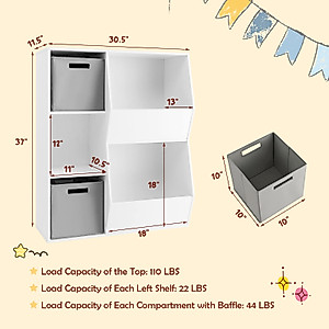 HONEY JOY 5 Cubbies Kids Toy Storage Organizer, Children Bookcase and Bookshelf w/2 Storage Boxes, Wooden Muti-Bins Toy Storage Display Cabinet for Playroom, Nursery, Daycare, Kindergarten