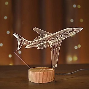Airplane Night Light 3D Illusion Lamp,Soft Warm Colors Wood Table Lamp for Boys Pilot Gifts with USB Power