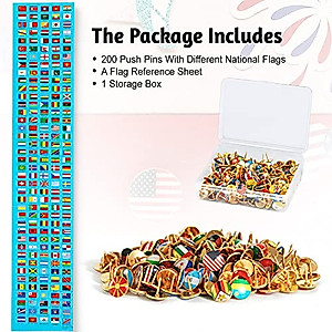 200 Pcs National Flag Thumb Tacks Country Flag Push Pins with National Flag Guide, Map Tacks Places I've Been Flag Map Push Pins for World Map Pins Flag Map Pins for Cork Board, Travel World Map