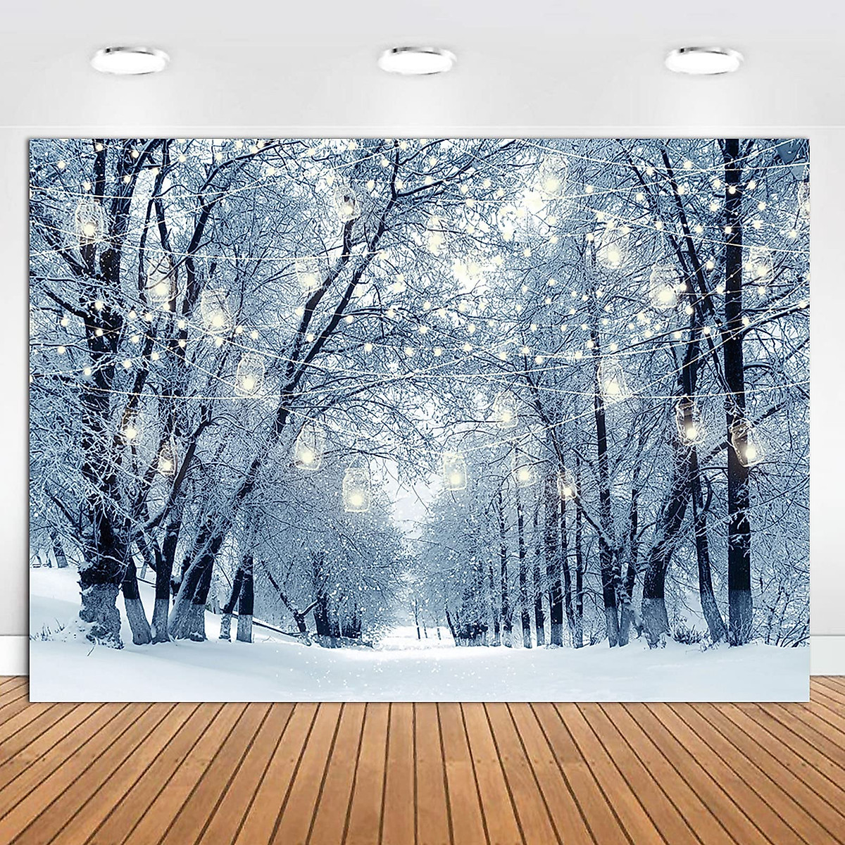 Qian Winter Wonderland Scene Photography Backdrop 7x5FT Snowflake Bokeh Tree Landscape Snowy Forest Photo Background for Family Christmas Party Photoshoot Decorations