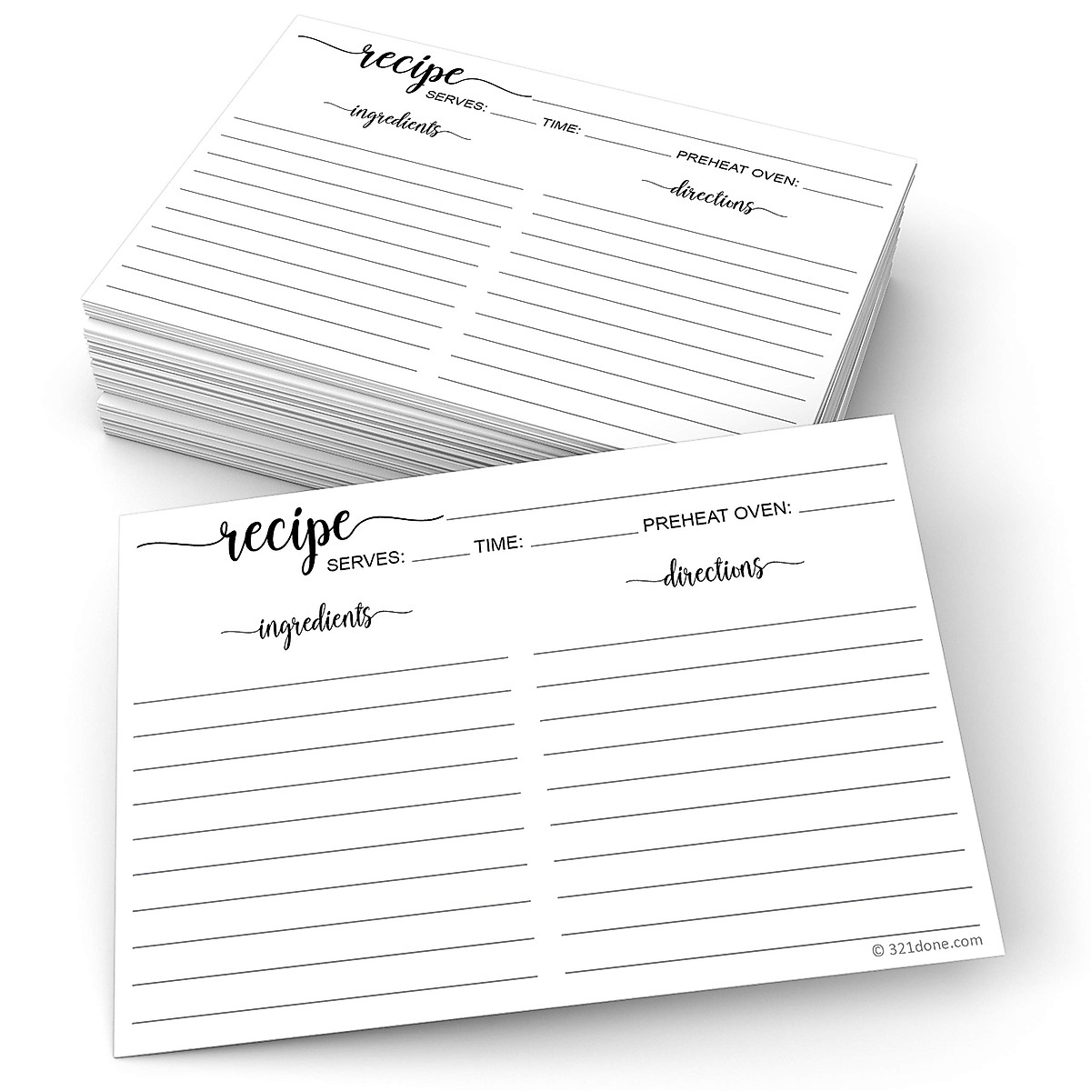 321Done Recipe Cards (Set of 50) 4x6 Large White - Black and White Minimalist for Weddings, Bridal Shower - Double-Sided - Made in USA