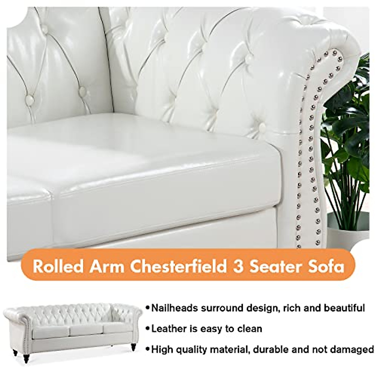 Wlvos 84" Leather Chesterfield Sofas for Living Room, Rolled Arm 3-Seater Large Couch Deep Button Nailhead Tufted Upholstered Couches for Bedroom, Office Apartment Easy to Assemble (Beige)