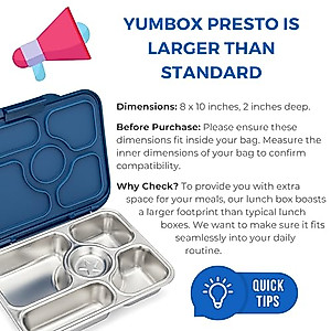 Yumbox® Presto Leakproof Stainless Steel Bento Box (Santa Fe Blue) 4 compartments plus treat well, Lightweight, Premium Durable Materials, Silicone seal, Stainless Steel Tray, Easy open Latch