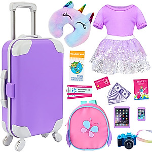 K.T. Fancy 23 pcs American 18 Inch Doll Accessories Suitcase Travel Luggage Play Set for 18 Inch Doll Travel Carrier, Sunglasses Camera Computer Phone Pad Travel Pillow Passport Tickets Cashes