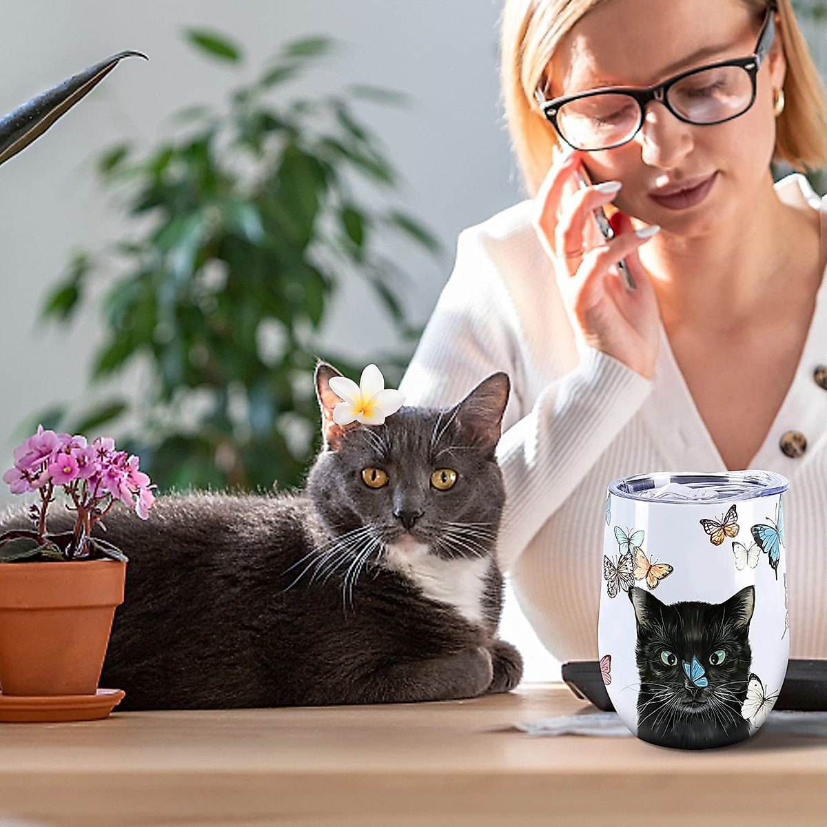 NymphFable 12oz Cat Cup Wine Tumbler With Straw And Lid Insulated Stemless Wine Glass Stainless Steel Double Wall