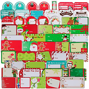 144 PCS Christmas Sticker Labels, Self Adhesive Name Tags Christmas Wrapping Paper Stickers, Santa Snowmen Xmas Tree Deer Festival Birthday Wedding Holiday Decorative Decals Present Labels