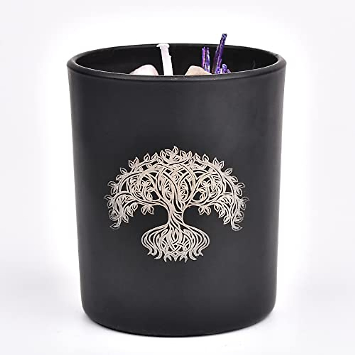 Scented Candle with Crystal and Flowers Soy Candle Tree of Life Engraved Aromatherapy Candle for Meditation