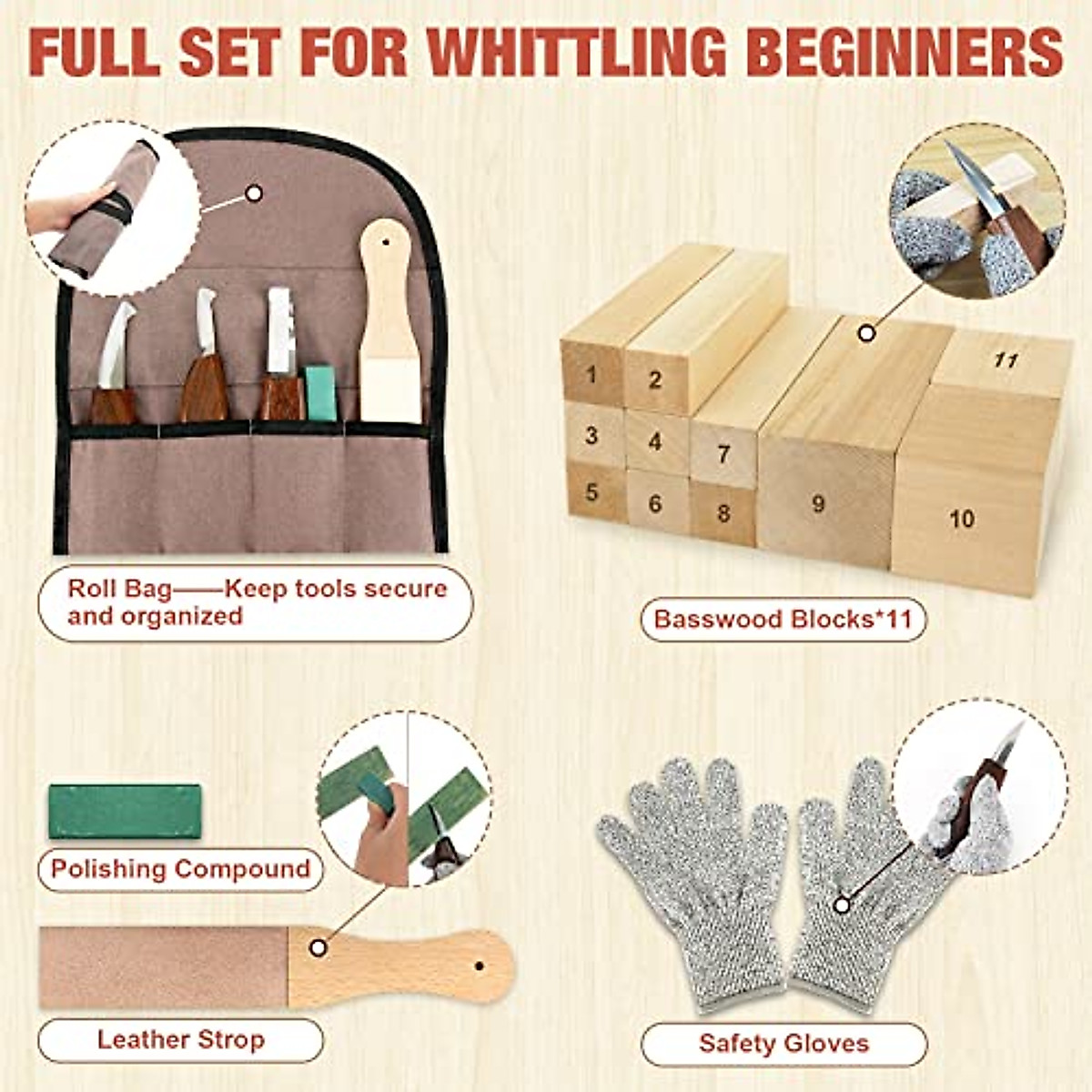 Wood Carving Kit, 19PCS Wood Carving Tools for Beginners Whittling Kit with 3PCS Whittling Knife 11PCS Basswood Blocks & Strop Block & Gloves & & Polishing Compound Wood Carving Set Hobbies for Adults