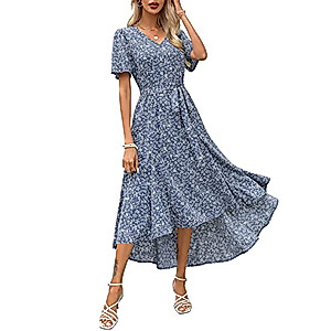 Maggeer 2023 Womens Casual Summer Dresses Short Sleeve Cute V Neck Ruffle Boho A Line High Low Flowy Swing Beach Modest Floral Maxi Dress with Pockets Dusty Blue XL