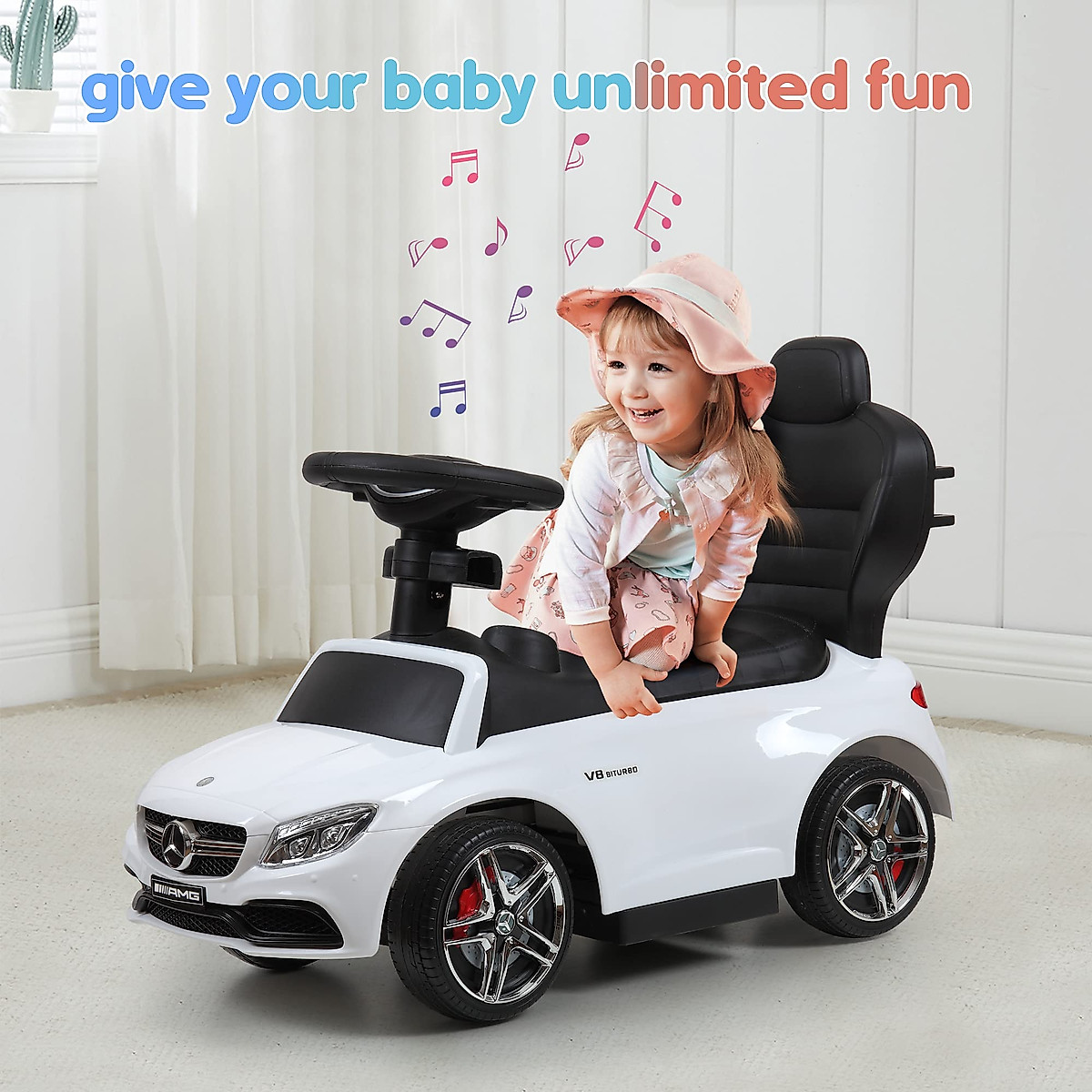 TOBBI Push Cars for Toddlers 3 in 1 Mercedes Benz Kid Ride on Toy Stroller Sliding Walking Car with Handle, Safety Bar, Cup Holder, Horn, Music, Under Seat Storage for Boys & Girls, White