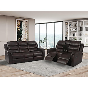 2 Pieces Faxu Leather Recliner Sofa Set, 3 Seater Manual Reclining Sofa & Loveseat with Storage Console & 4 Cup Holders and Footrest, Sectional Couch Home Theater Seating RV Furniture