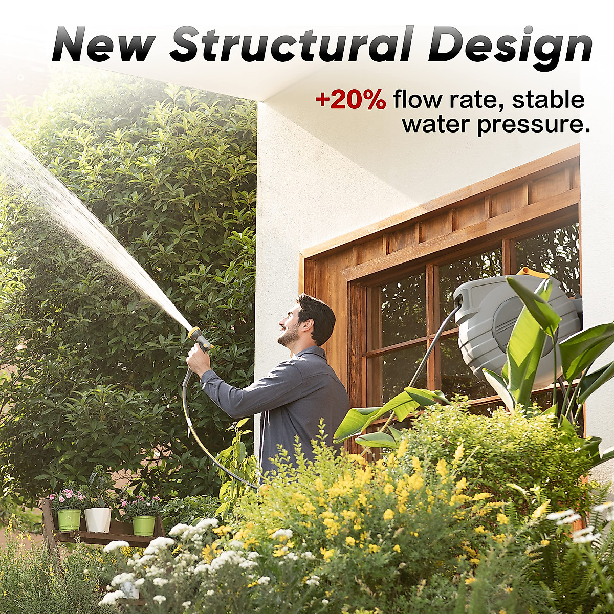 GLAHODEN Retractable Garden Hose Reel, 5/8in x 100ft+6ft 2 Year Anti-fading Water Hose Reel, Patented Design for Any Length Lock Slow Return System Increase Flow Rate By 20% Hose Reel Wall Mount