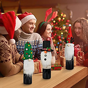 Mocoosy 3PCS Gnome Christmas Wine Bottle Cover Toppers, Christams Tree Snowman Reindeer Santa Hat for Wine Bottle Christmas Table Decorations, Decorative Felt Bottle Gift Bags Xmas Holiday Home Decor