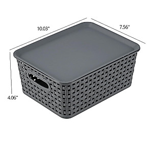 Bringer Plastic Storage Baskets Bins with Lid, Small Storage Organizer Bin, 6 Pack, Gray
