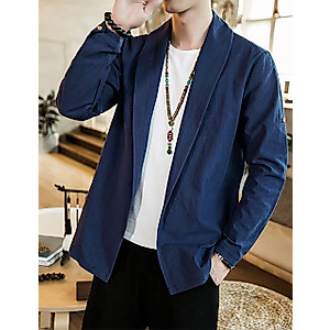 Mingzhu Mens Cotton Linen Blazer Jacket Roll Up Long Sleeve Notched Lapel Sport Coat(0733-NavyBlue-XL)