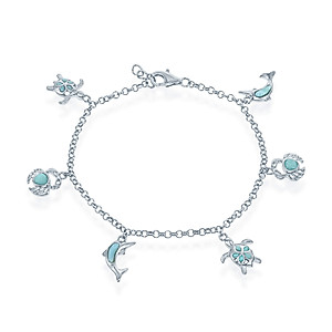Sterling Silver Natural Larimar Nautical Turtle, Dolphin, Crab Charm 7+1" Bracelet