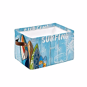 Storage Basket Summer Surfing Storage Bins Decorative Surfboard Tropical Palm Leaf Wood Grain Foldable Baskets for Toys Decorative Baskets for Closet Nursery
