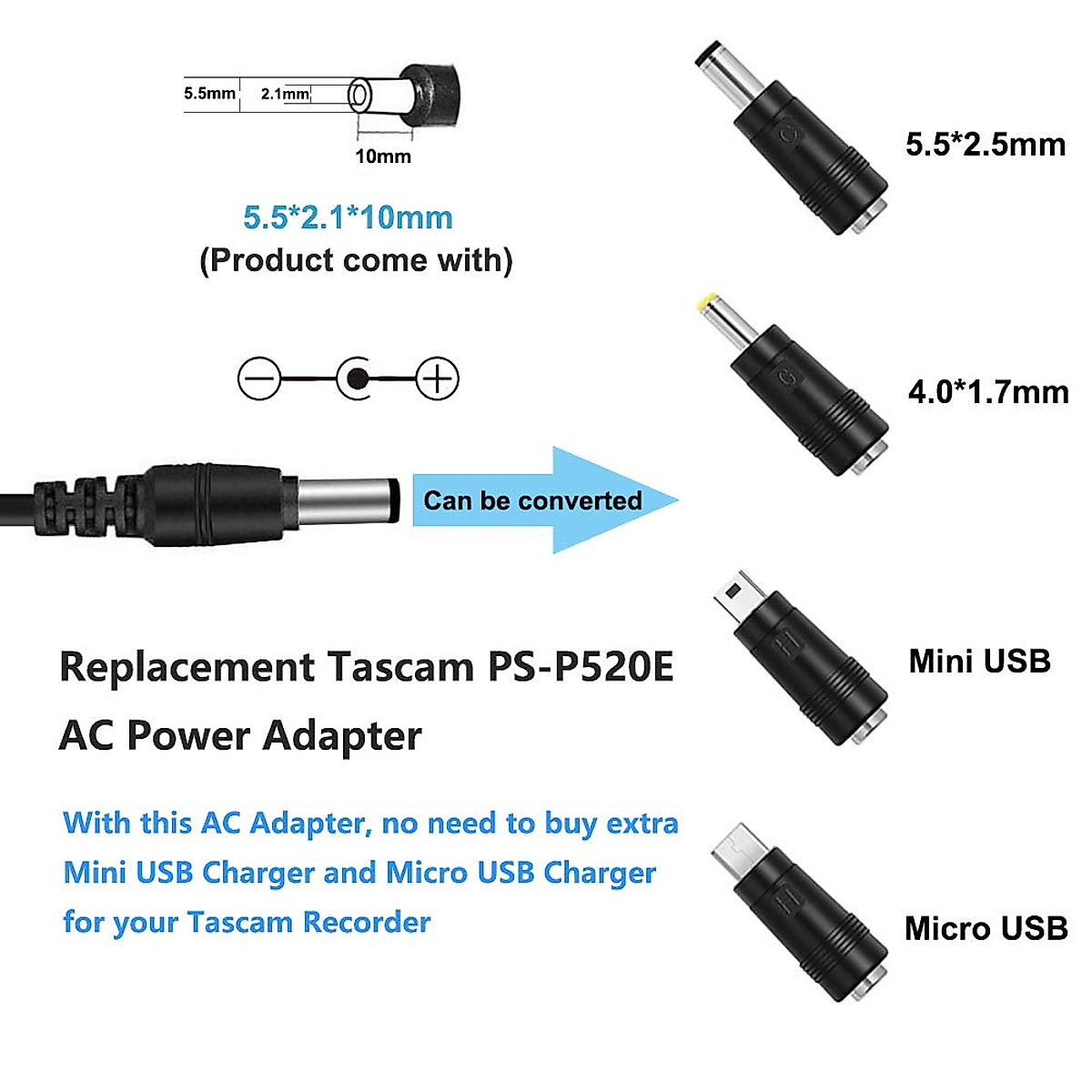 5V AC Power Adapter for Tascam PS-P520E DR-40 DR-05 DR-22WL DP-008EX DP-006 DP-004 DR-07 DR-100; Zoom Q3, Q3HD, R16, R24, H4n, H4n PRO Handy Recorder AD-14A/D Charger Power Adapter