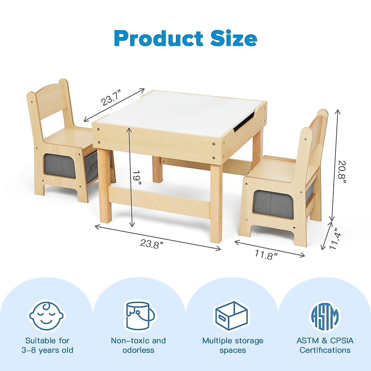 OOOK 3 in1 Toddler Table Chair Set, Kids Table and Chair Set with Blackboard and Storage Drawer, Kids Activity Table for Kids Room, Nursy and Playroom. Toddler Table and Chair Set 2-4 Year Old.