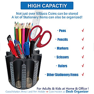 Byteen8 Coin Counter Coin Sorter｜Pen Holder + Coin Holder as Desk Organizer｜Piggy Bank for Adults & Kids + Pencil Holder for Desk｜Coin Wrappers Coin Bank Store 500pcs｜Creative Gifts for Kids & Family