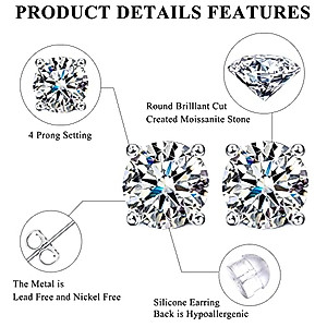 CASSIECA Moissanite Stud Earrings 0.6ct-4ct D Color VVS1 Clarity Brilliant Round Cut Lab Created Diamond Earrings 18K White Gold Plated 925 Sterling Silver Moissanite Earrings
