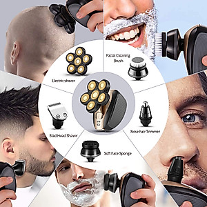 Head Shavers for Men Upgraded 5 in 1 Multifunctional Bald Head Shaver Grooming Kit Cordless Electric Razor for Men Rotary Mens Head Razor Rechargeable Razors for Bald Man Waterproof (Gold)