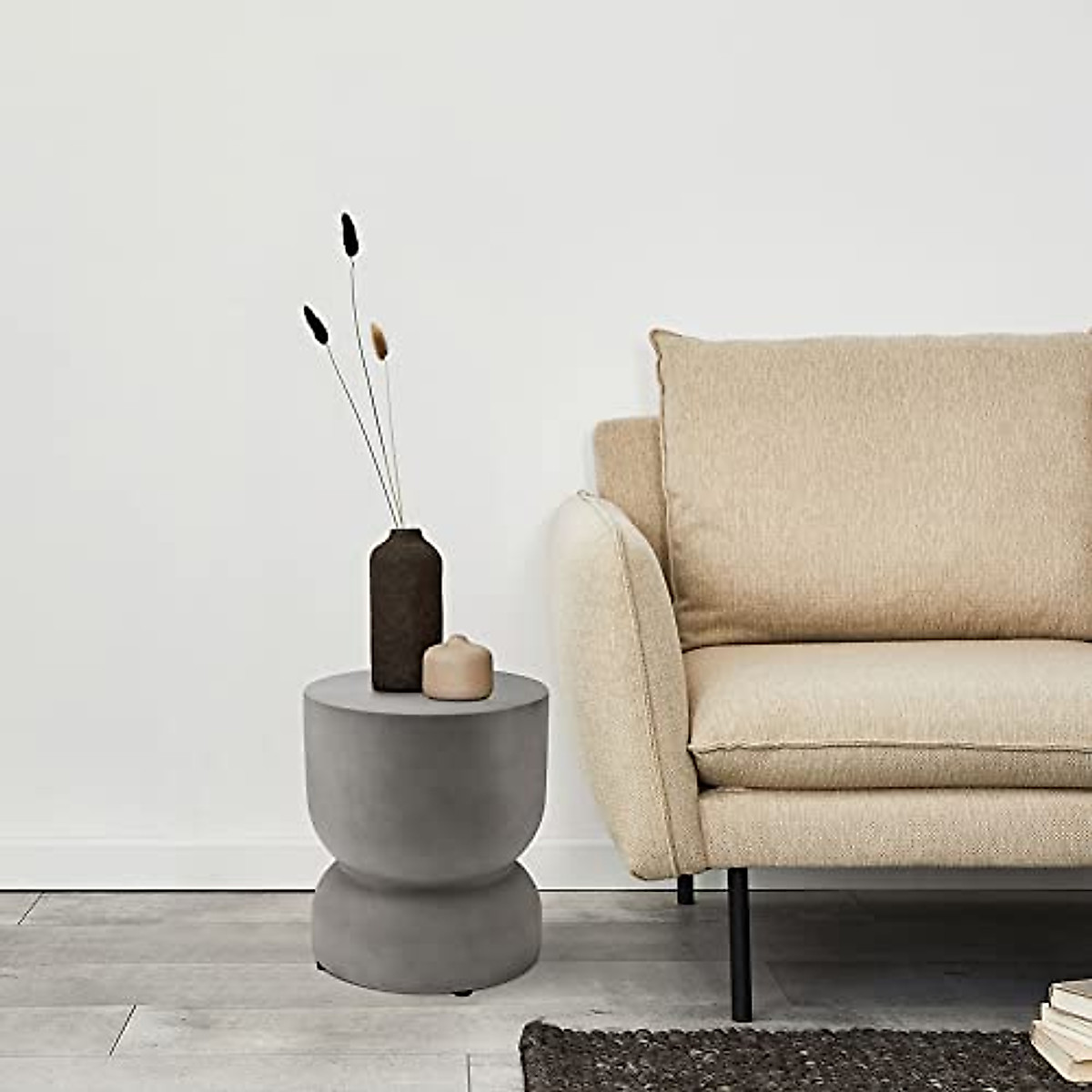 LyuHome Outdoor Concrete Side Table Small Stone Coffee Table, Round Drum End Table, Cement Accent Table Stool for Garden Outdoor Patio