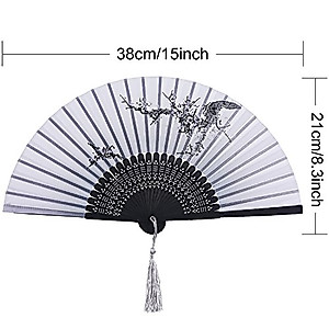 Zonon Handheld Floral Folding Fans Hand Held Fans Silk Bamboo Fans with Tassel Women's Hollowed Bamboo Hand Holding Fans for Women and Men (White, Blue, Dark Blue and Black)