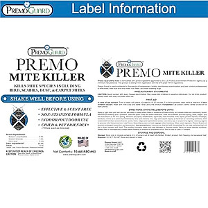 Mite Killer Spray by Premo Guard – Treatment for Dust Spider Bird Rat Mouse Carpet and Scabies Mites – Fast Acting 100% Effective – Child & Pet Safe – Best Natural Extended Protection (16 oz)