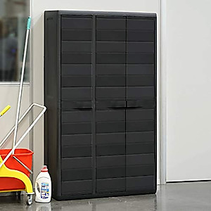 CHARMMA Garden Outdoor Storage Shed Cabinet Three Door Organizer with 4 Ventilated Adjustable Shelves Waterproof Tool Shed for Patio,Garden Lawn Care Equipment Pool,Black,38.2" x 15" x 67.3"