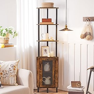 HOOBRO Corner Shelf with Storage, 64.8" Tall Industrial Corner Cabinet, 5-Tier Corner Bookshelf with Doors, Corner Display Cabinet Plant Stand, Display Shelves Rack for Home, Rustic Brown BF164CJ01