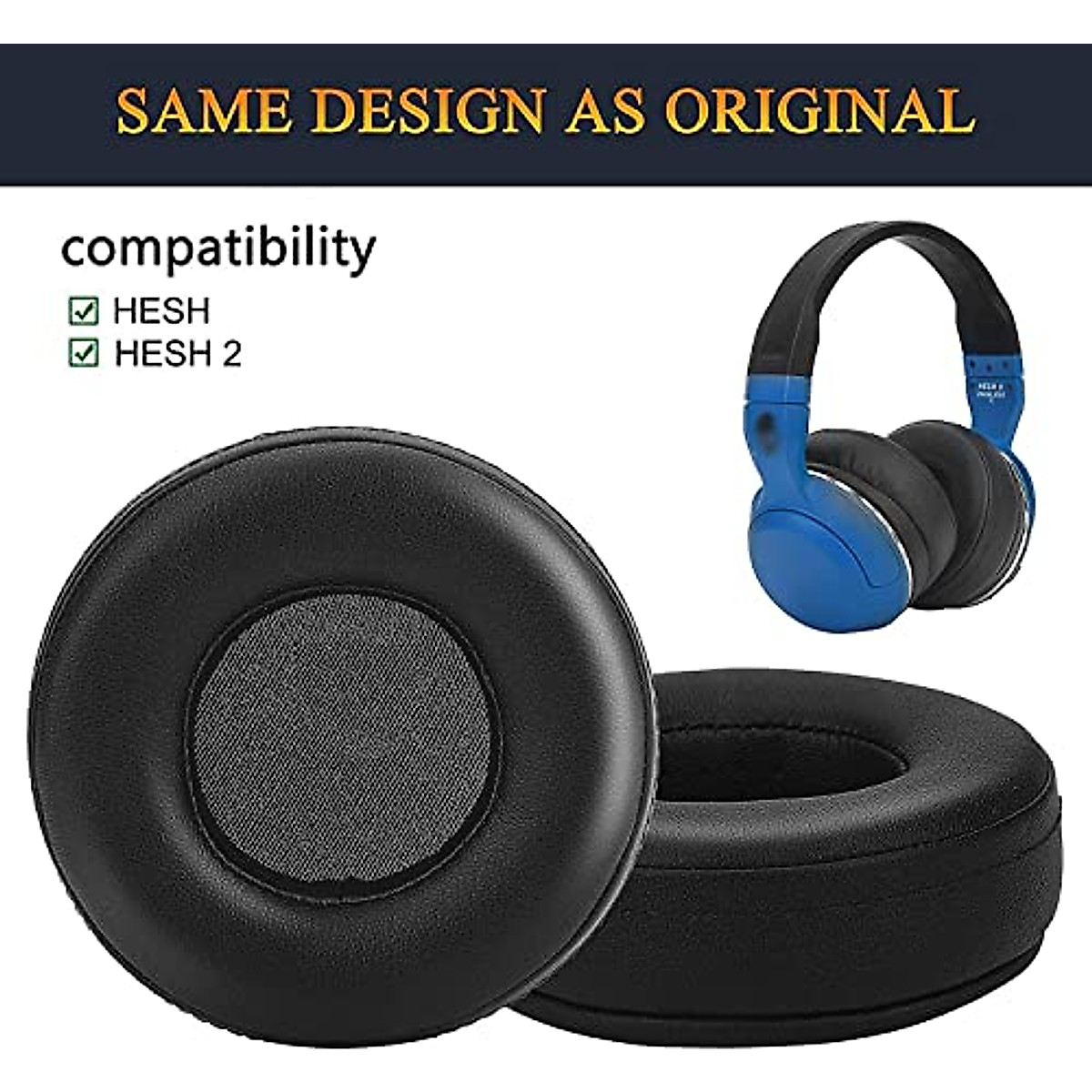 SOULWIT Professional Replacement Earpads Cushions for Skullcandy Hesh & Hesh 2 Wireless Over-Ear Headphones, Ear Pads with Softer Leather, Noise Isolation Foam, Added Thickness (Black)