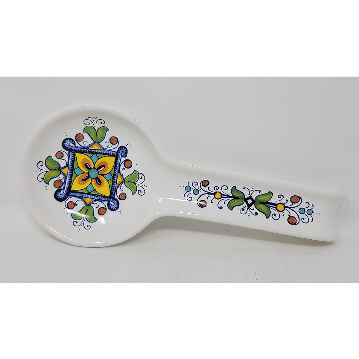 Nova Deruta Spoon Rest, Yellow Flower, Green Yellow Tulip Floral, Spirals, Made in Italy, Italian Exclusively Handcrafted Earthenware for Sur La Table, Deruta Region Artwork, 11.5" x 5"