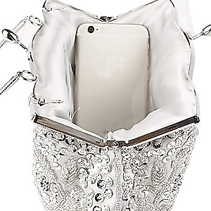 Women Vintage Beaded Evening Clutch Vintage Design Sequin Floral Top-handle Handbag Party Wedding Purse Wallet (Silver)