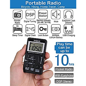 ZHIWHIS Portable Radio, AM FM Receiver with Sleep Timer, Rechargeable Stereo Radios with Digital Clock, DSP Tuner with Preset Function Pocket Walkmen for Walking Travel