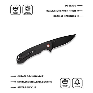 HUNTER.DUAL Pocket Knife, Folding EDC Knife with Clip for Men, Small Camping Knife for Outdoor, 3.34'' D2 Steel Blade, G10 Handle