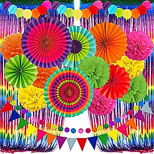 ZERODECO Fiesta Paper Fan Party Decorations Set, Multicolor Cinco De Mayo Pom Poms Pennant Garland String Banner Fringe Curtains Mexican Coco Carnivals Festivals Party Supplies