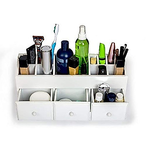 Makeup Organizer with Drawers, Wooden Cosmetic Beauty Storage Box for Home and Office Vanities, Countertop Organizer for Cosmetics and Makeup Tools, Vanity Holder for Lipstick Brushes Lotions, White