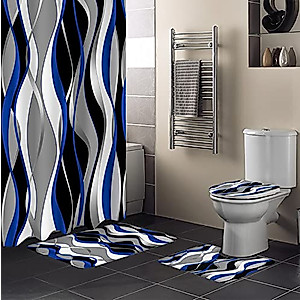 4 Pieces Blue Black Bathroom Set Grey and White Striped 72x72 inch Waterproof Lines Shower Curtain Set with Non-Slip Soft Geometric Rugs for Bathroom,Abstract Art Bath Mat and Toilet Lid Cover